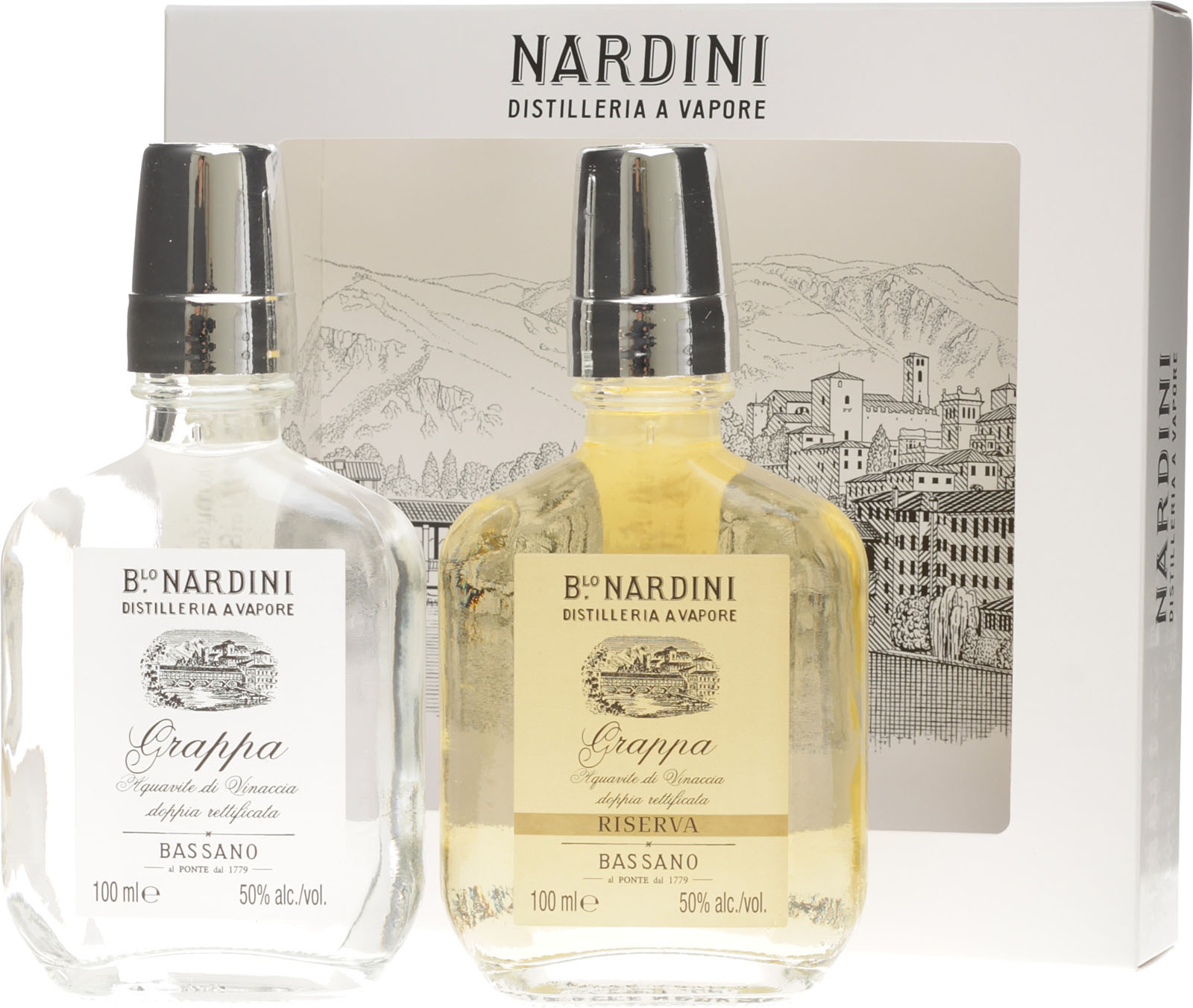Nardini Grappa 50 Bianca und Riserva Set 200ml 50%