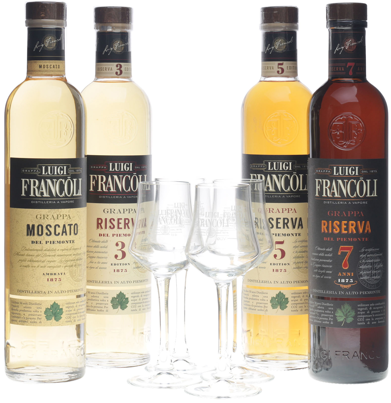 Francoli Grappa Moscato, Riserva Barrique mit 4 Gläser