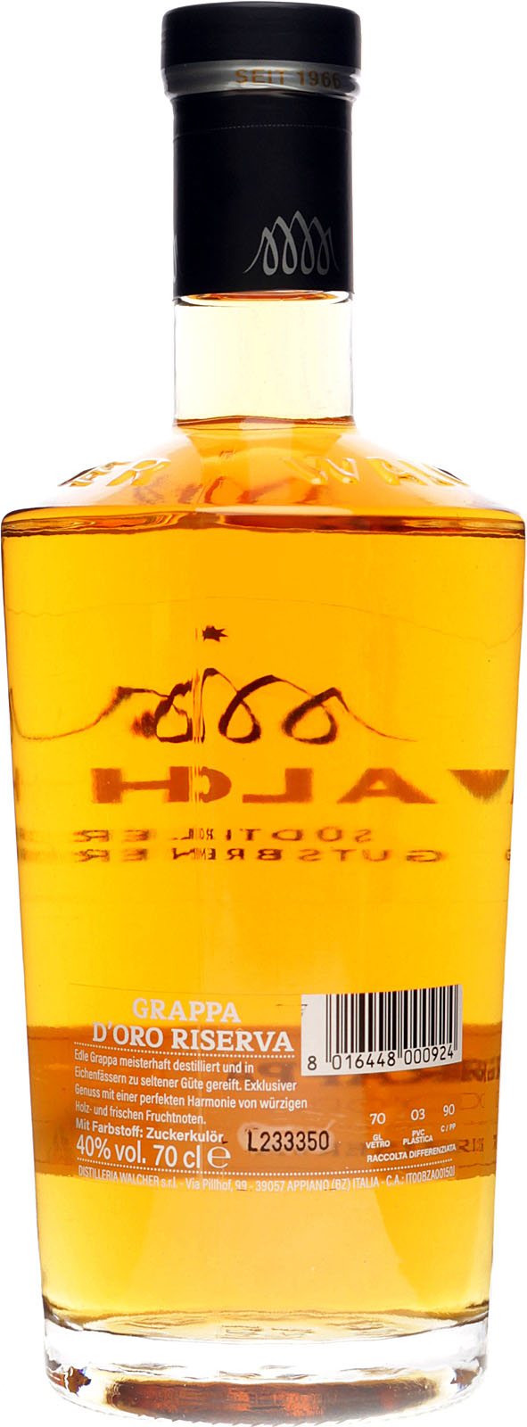 Walcher Grappa Oro Riserva in der 0,7l Flasche